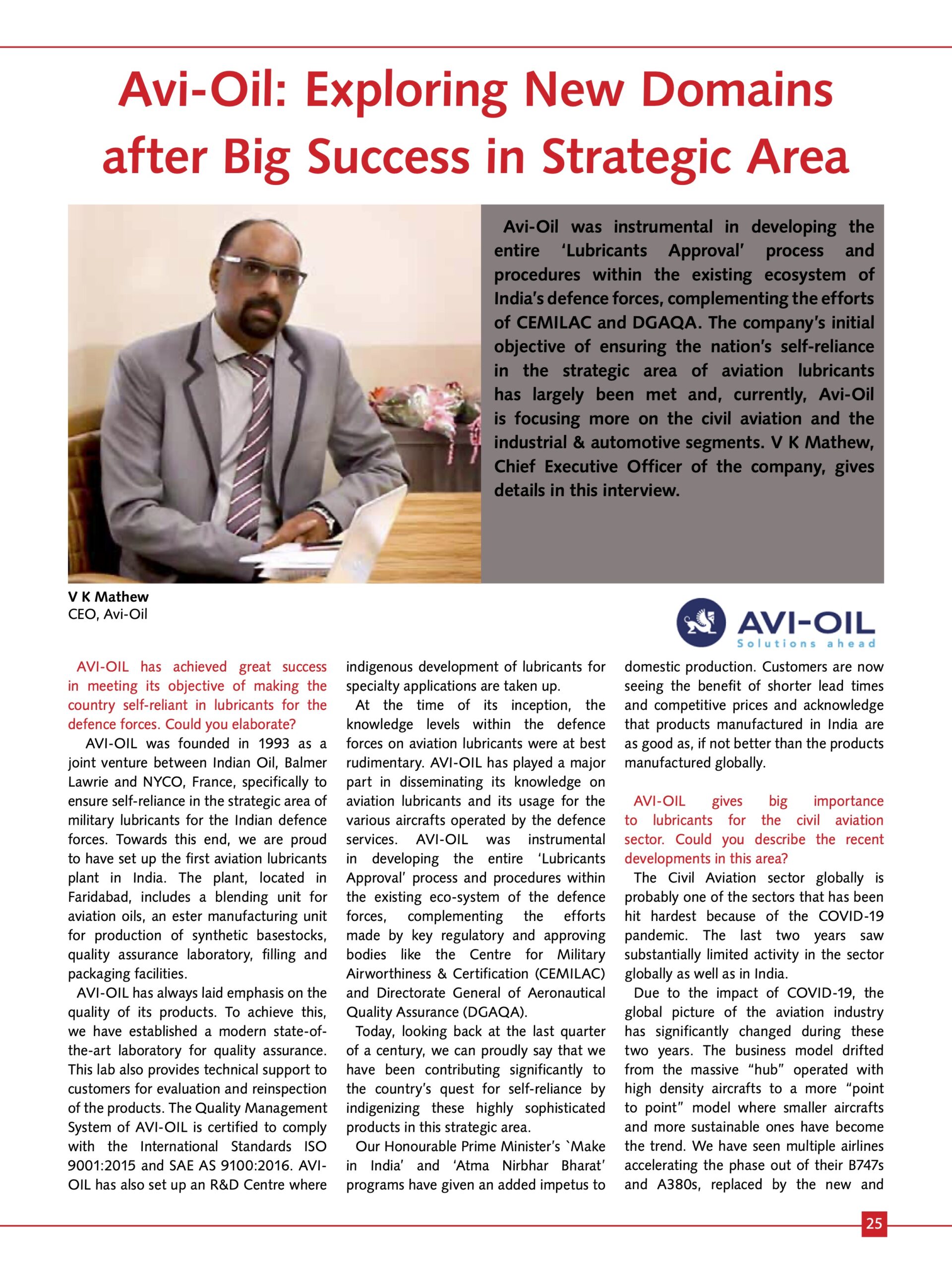 Mr. V. K. Mathew, CEO Avi-Oil, interview with Aeromag Asia in Wings ...
